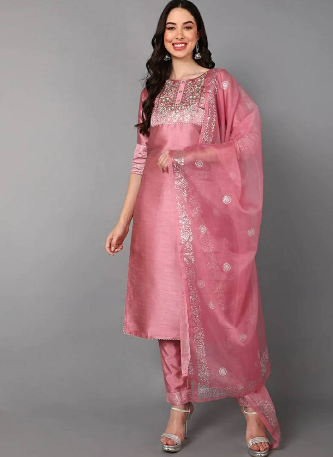 Party Wear Kurta Set For Women Pink Floral Embroidered High Slit Kurti With Trousers And Dupatta