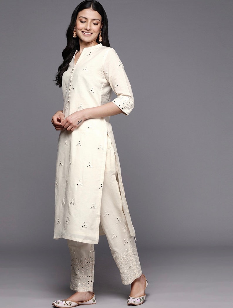 Kurta Sets Women White Embroidered Mirror Work Pure Cotton Kurta With ...