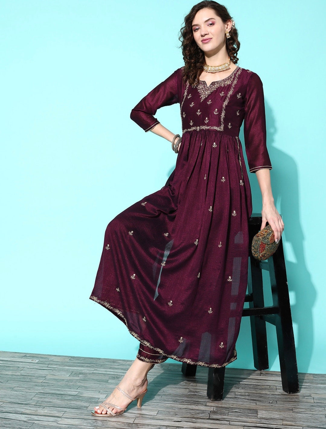 Kurta Sets Women Floral Embroidered Sequinned Kurta With Palazzo ...