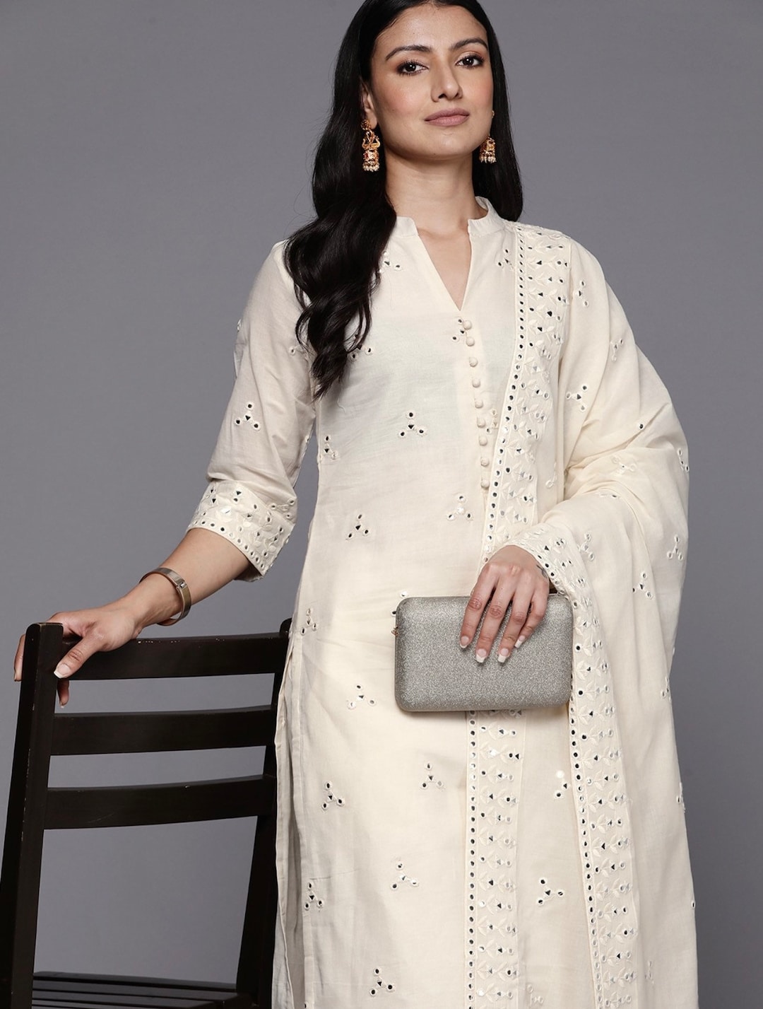 Kurta Sets Women White Embroidered Mirror Work Pure Cotton Kurta With ...