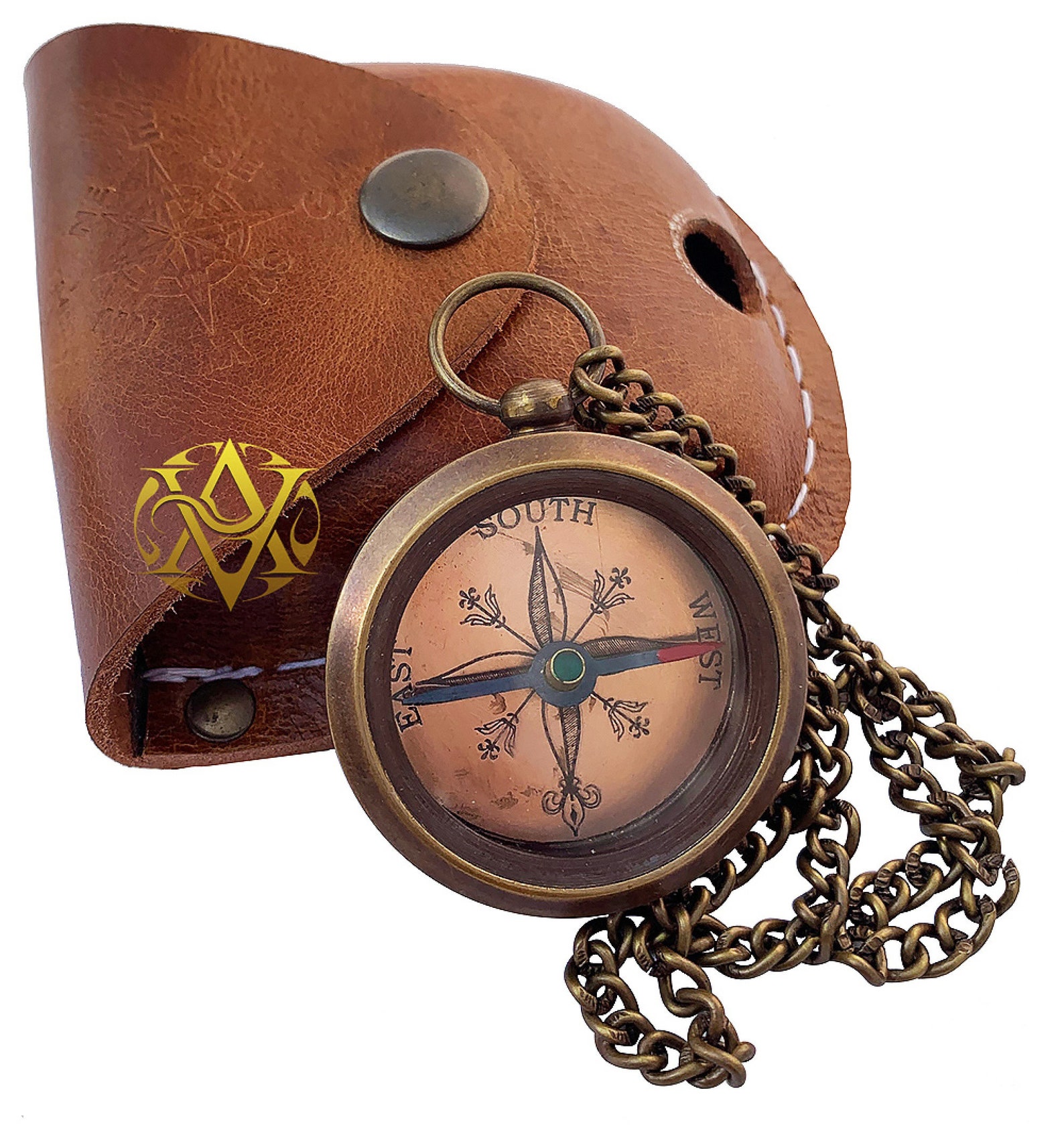 Brass Compass in Leather Case Pocket Chain Compass Watch | Etsy