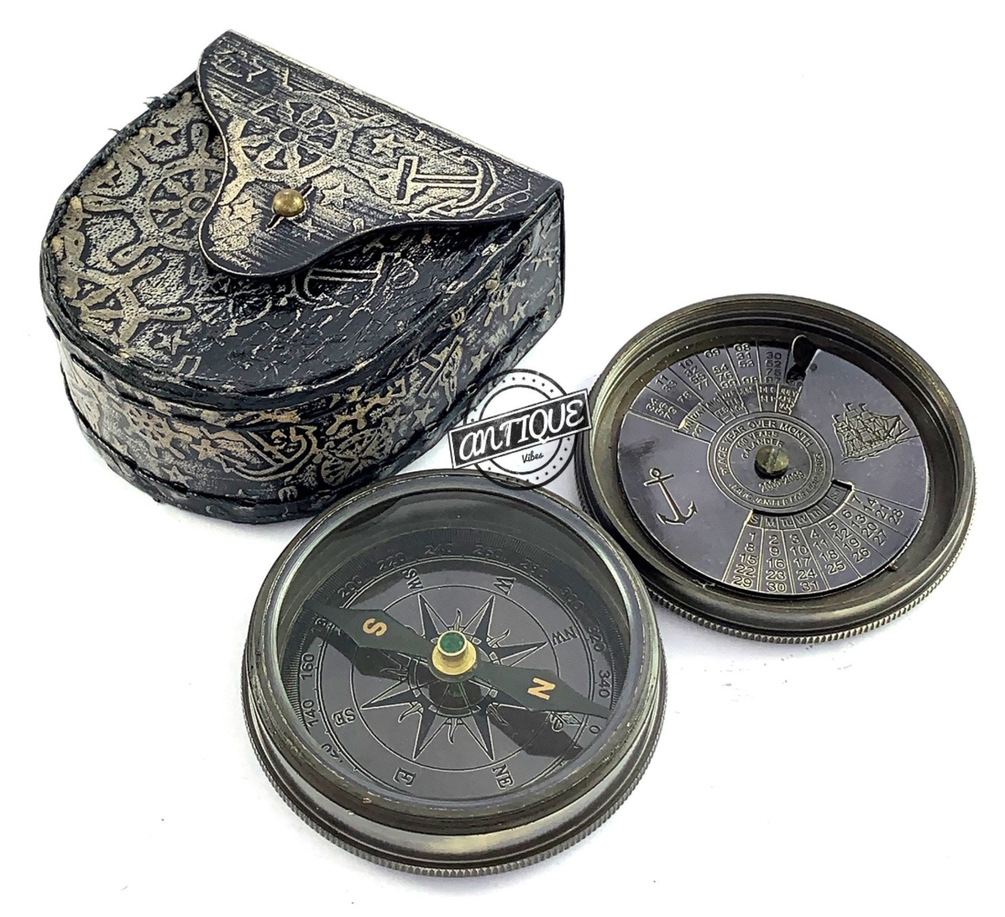 Pocket Compasses Antique Brass With Grey Case Engraved Made Etsy