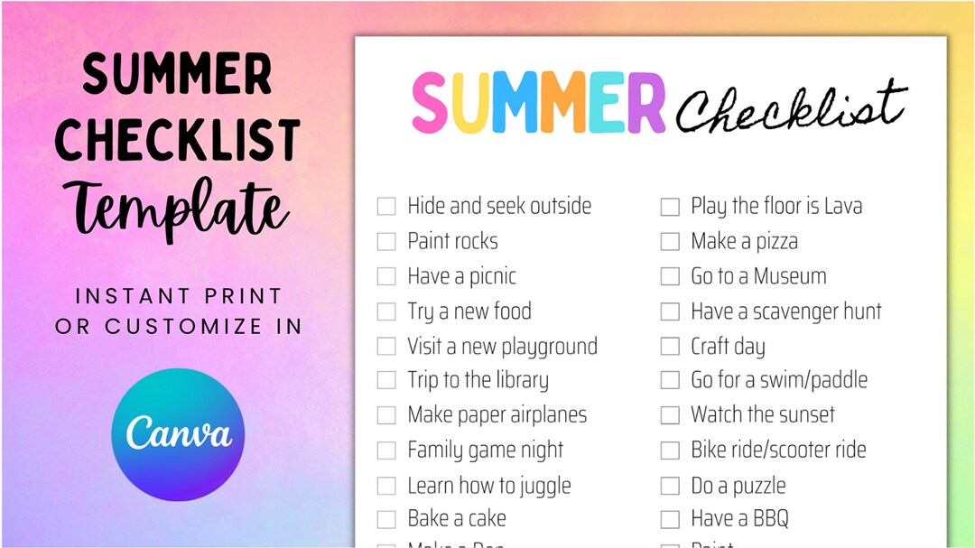 Summer Checklist Summer Bucket List Printable and Customizable in Canva ...