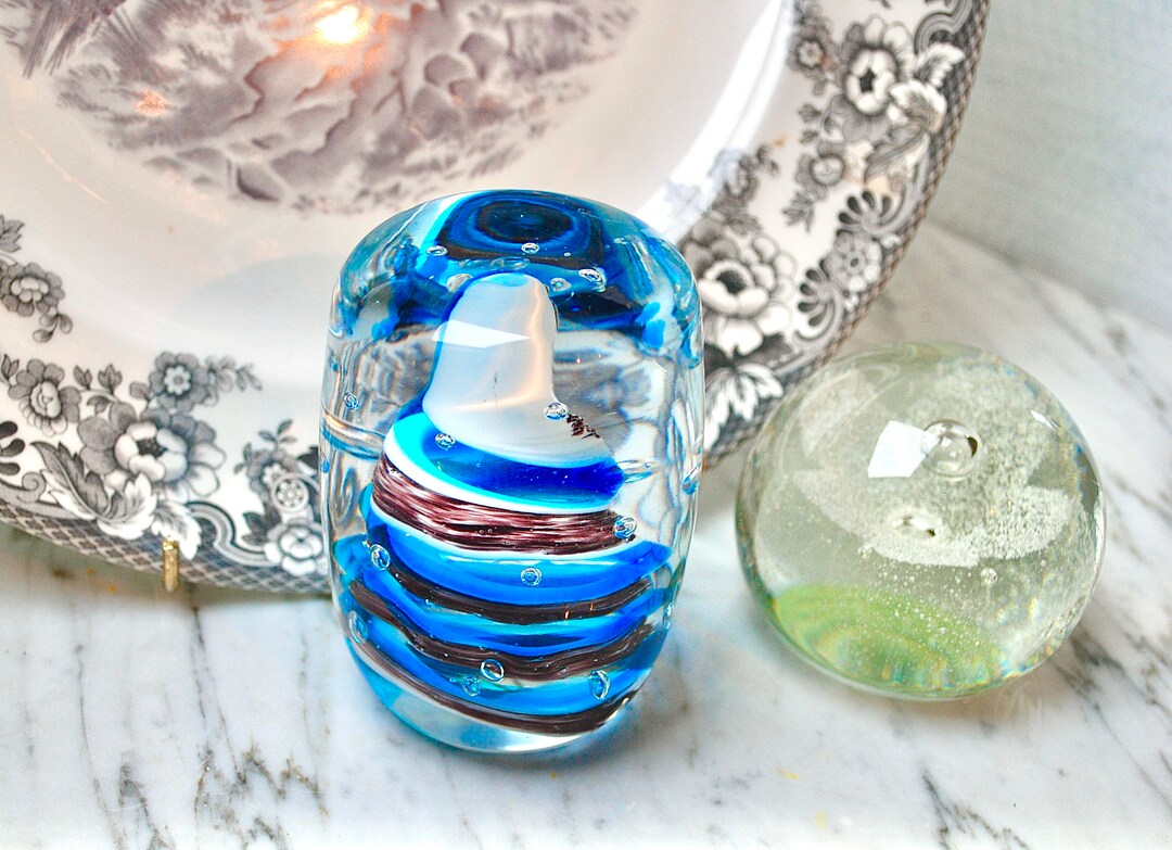 Extra Large Art Glass Paperweight With Mysterious Swirl Inside in Blue ...