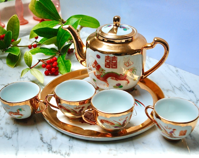 Vintage Chinese Porcelain Tea Set With a Teapot and Tray, Hand Painted ...