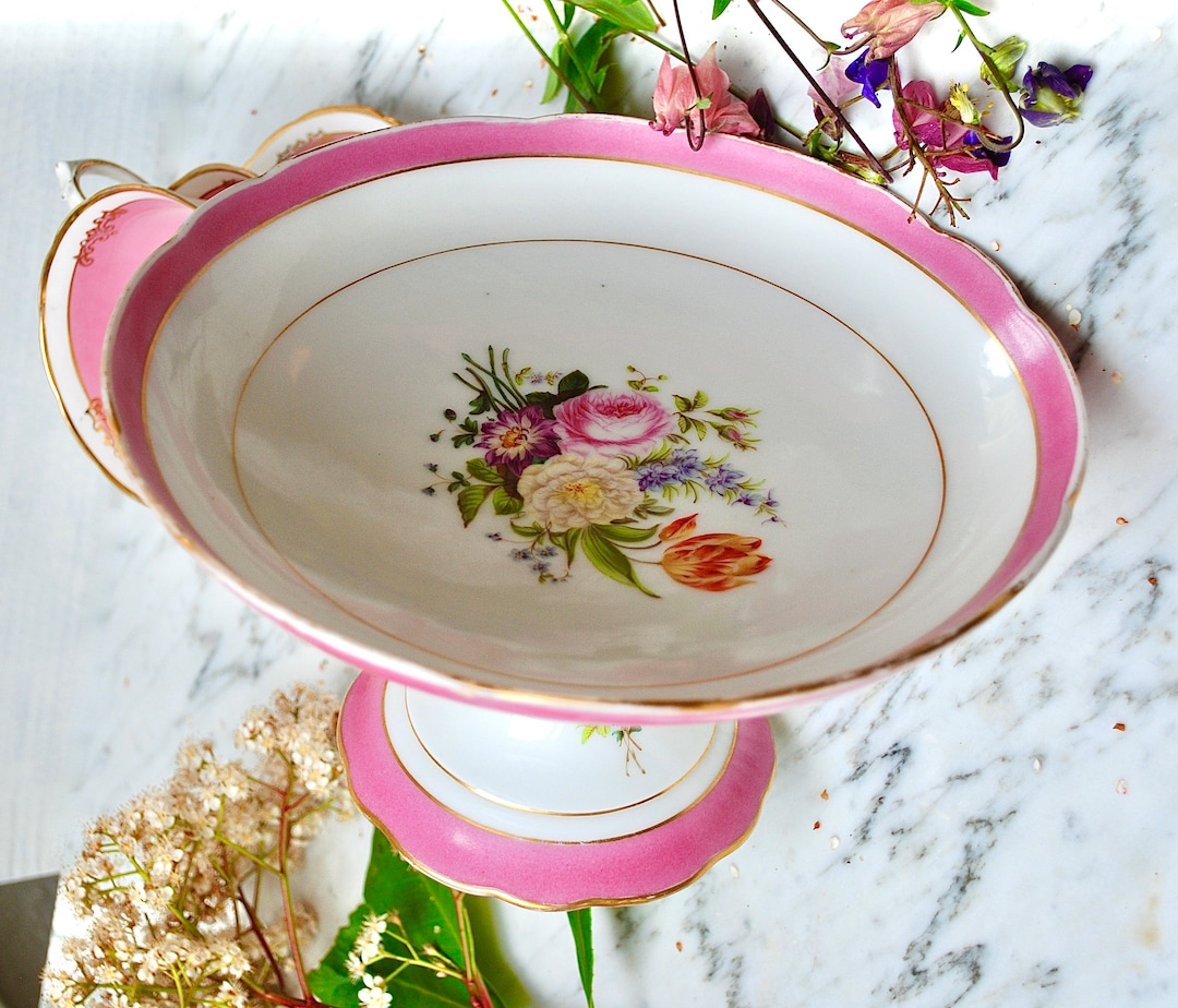 Large Vintage Cake Stand on a Pedestal With Hand Painted Flowers, Pink ...