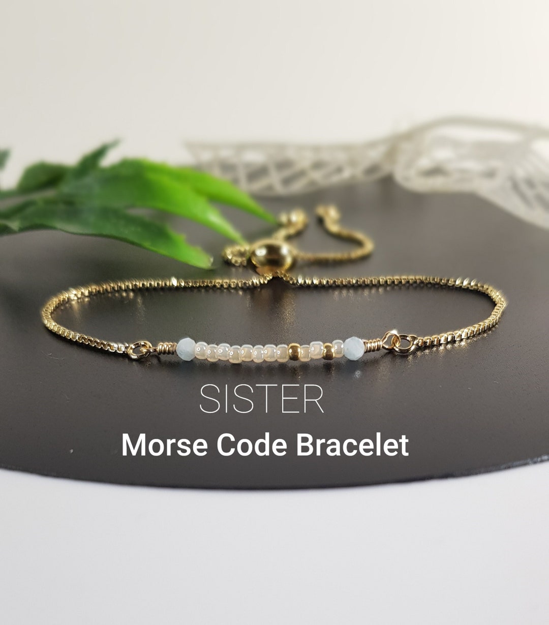 SISTER Morse Code Bracelet, Custom Morse Code Jewelry With Aquamarine ...