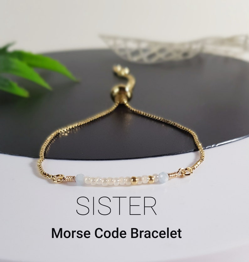 SISTER Morse Code Bracelet, Custom Morse Code Jewelry With Aquamarine ...