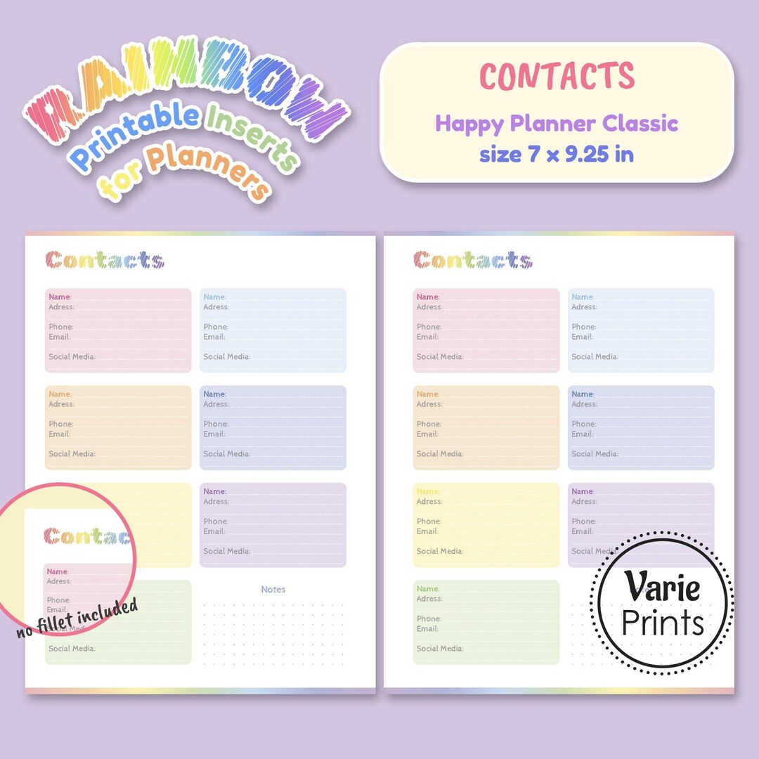 Rainbow Colors Printable Planner Inserts CONTACTS. Happy Planner ...