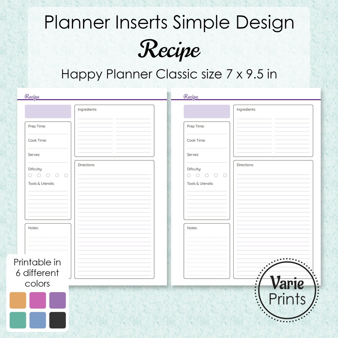 Planner Inserts Simple Design recipe Happy Planner Classic Size 6 ...
