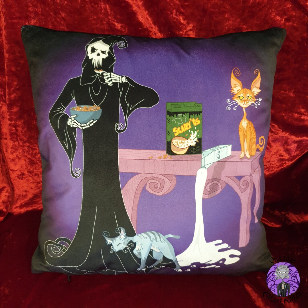 Grim and His Cats Cushion Goth Cushion Grim Reaper Handmade Soft Velvet ...