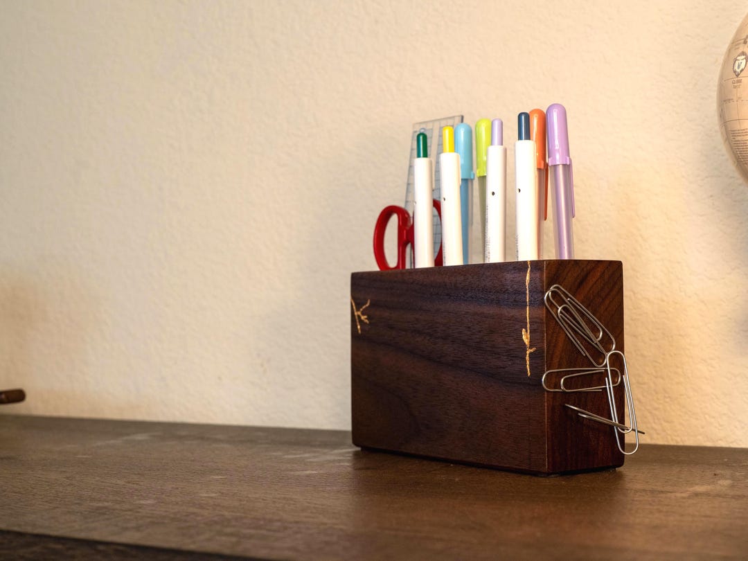 Kintsugi‑inspired Walnut Wood Pen Holder - Magnetic | Handmade Desk ...