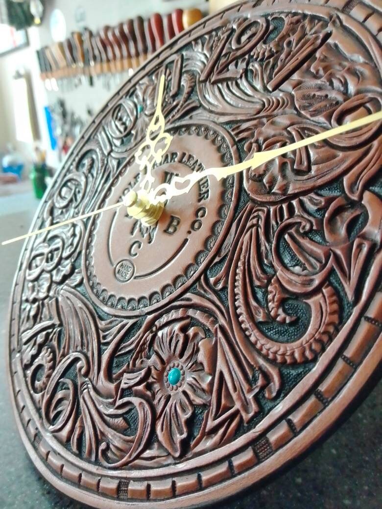 Custom hand tooled Leather clock | Etsy