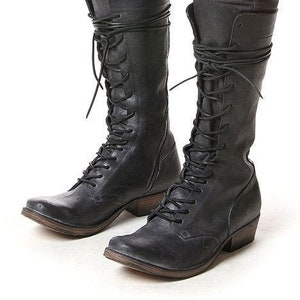 Men's Black Real Leather Commando Zippered Lace up Handmade Long High ...