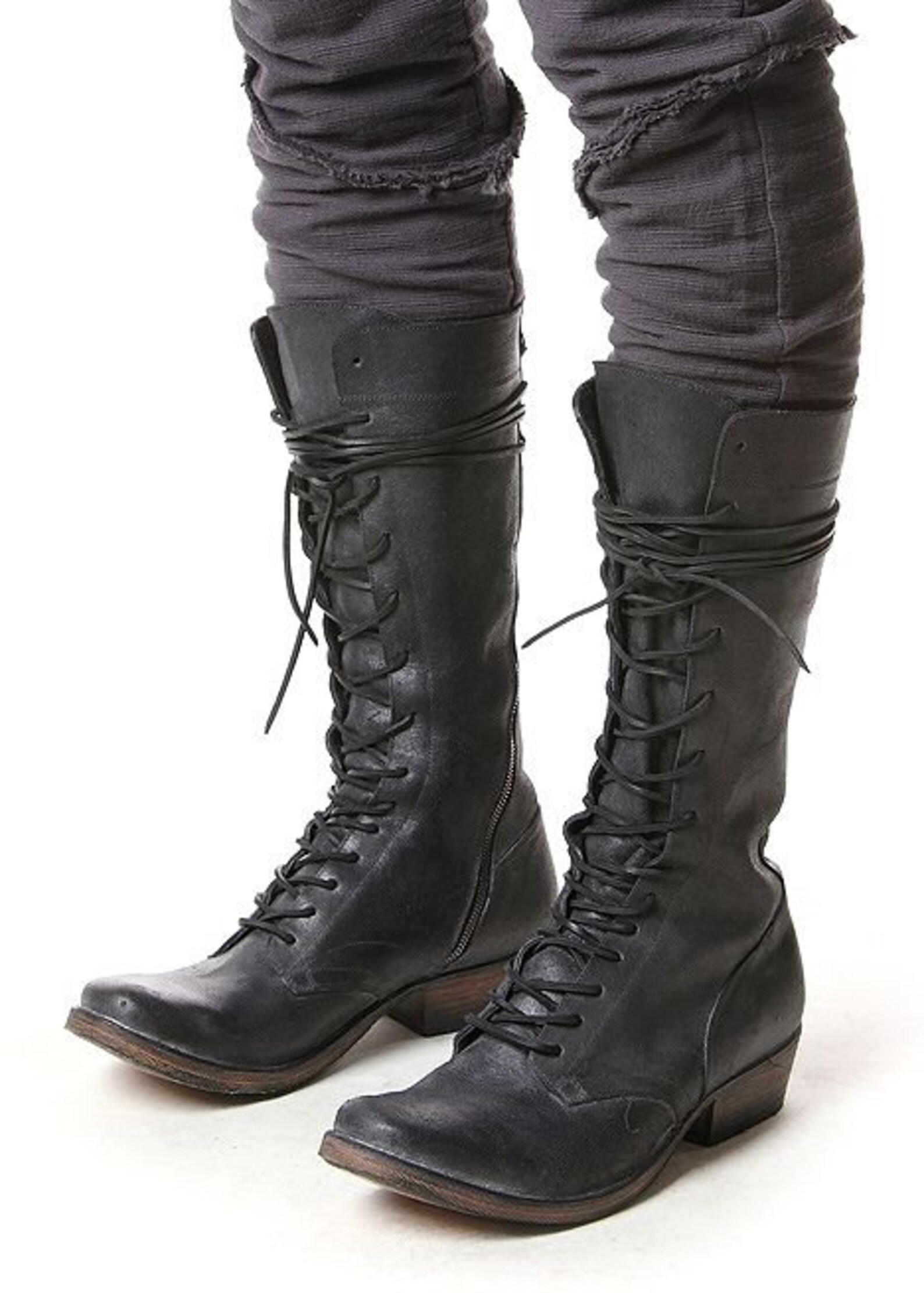 Men's Black Real Leather Commando Zippered Lace up Handmade Long High ...