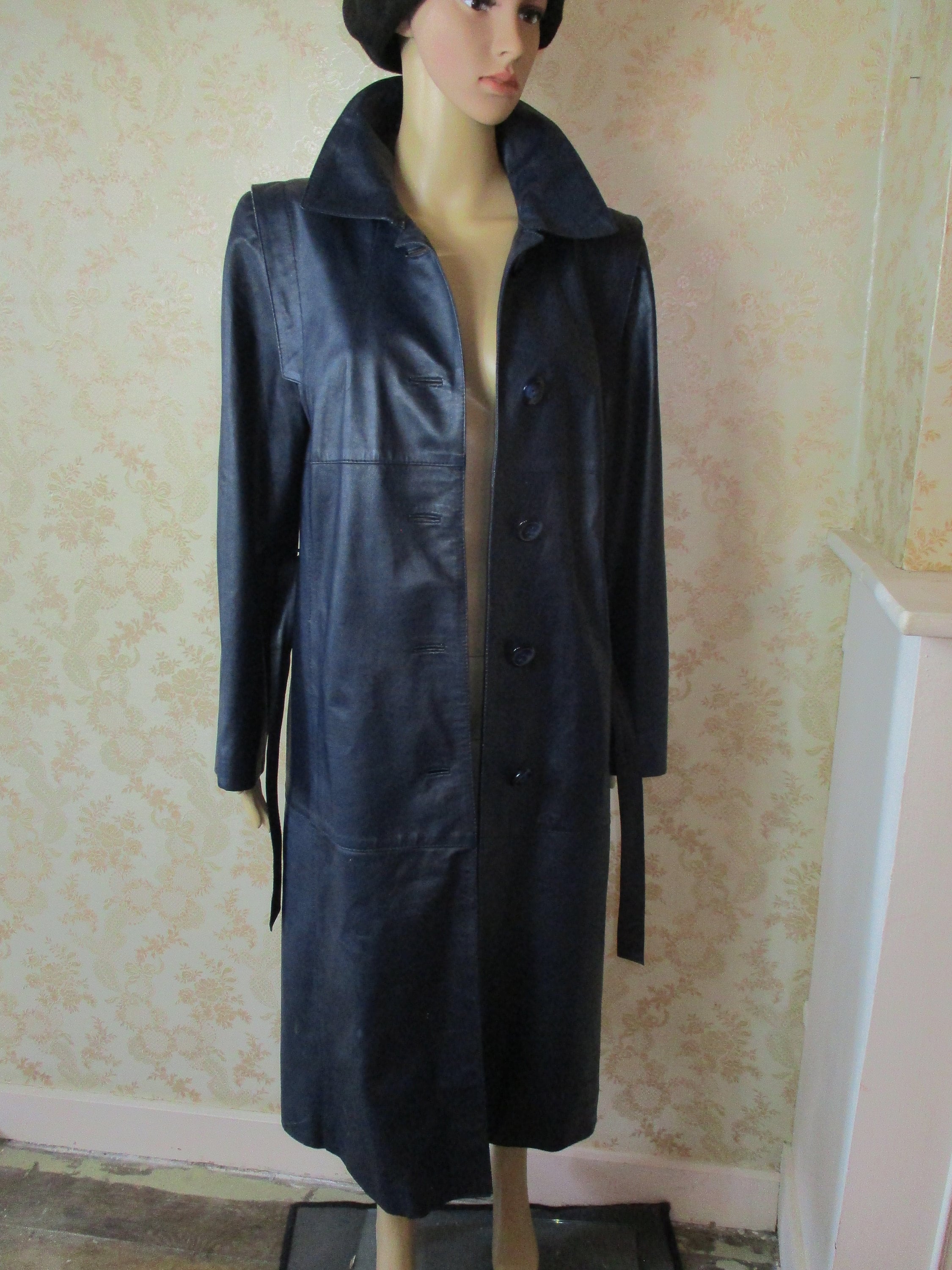 Vintage Navy Blue Leather Look Coat. Vintage Coat\faux Leather Coat ...