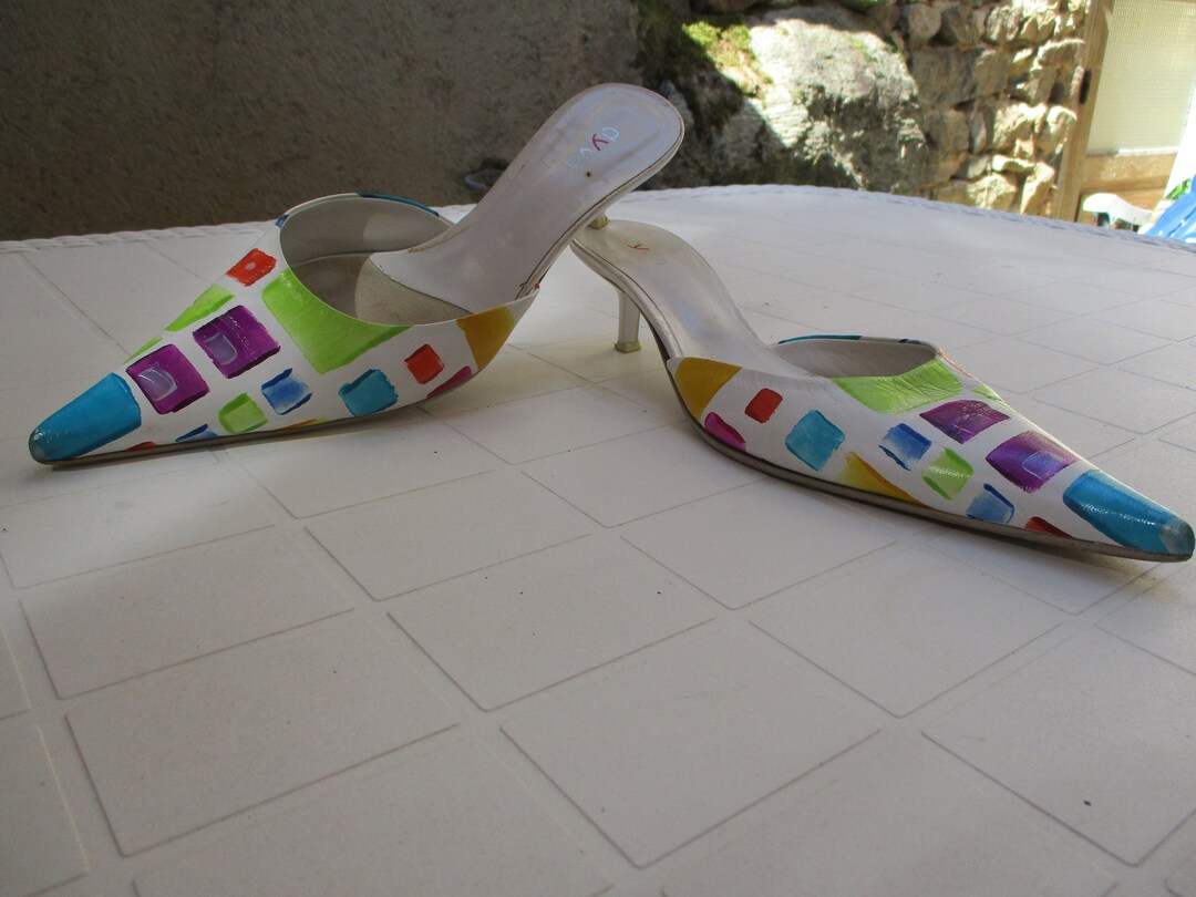 Women's Vintage Italian Multicolored Kitten Heeled Mules. Vintage Mules ...