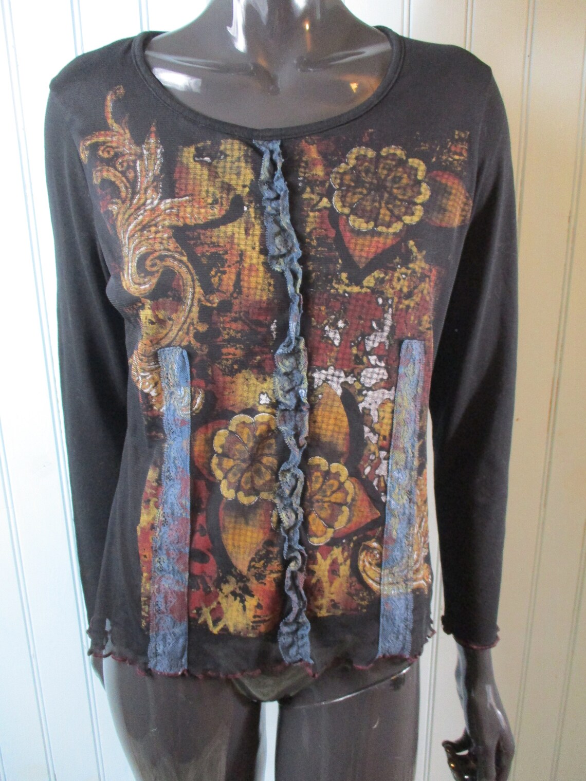Vintage Top . Black With a Brown/red Pattern and Blue Lace Strips on ...