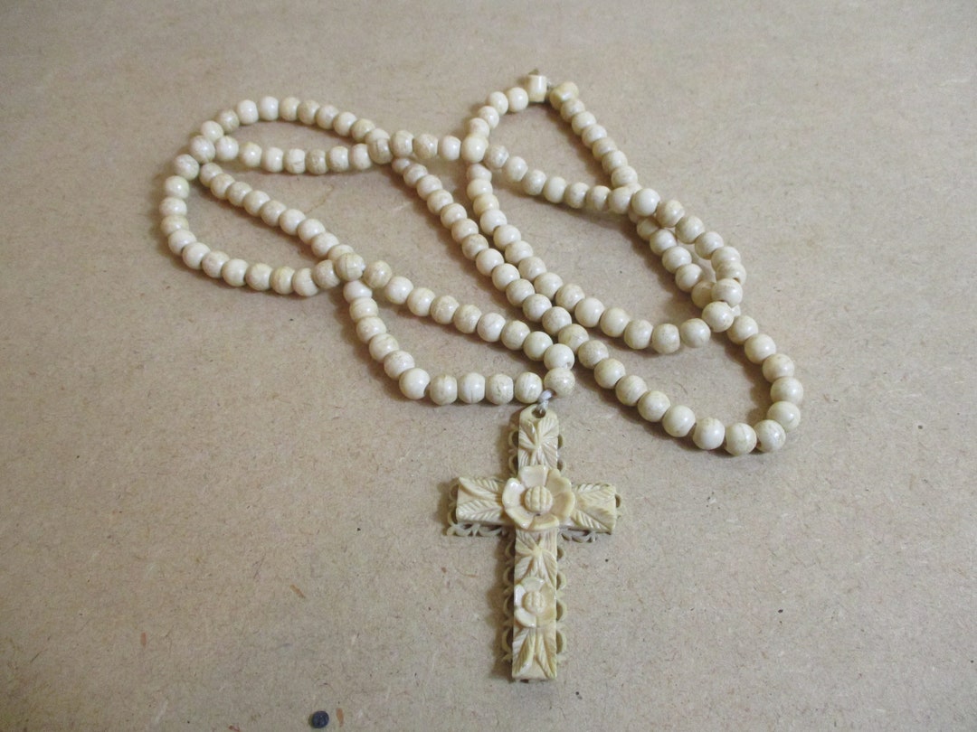 Cream Resin Rosary Beads With Intricate Cross. Vintage\rosary Beads ...