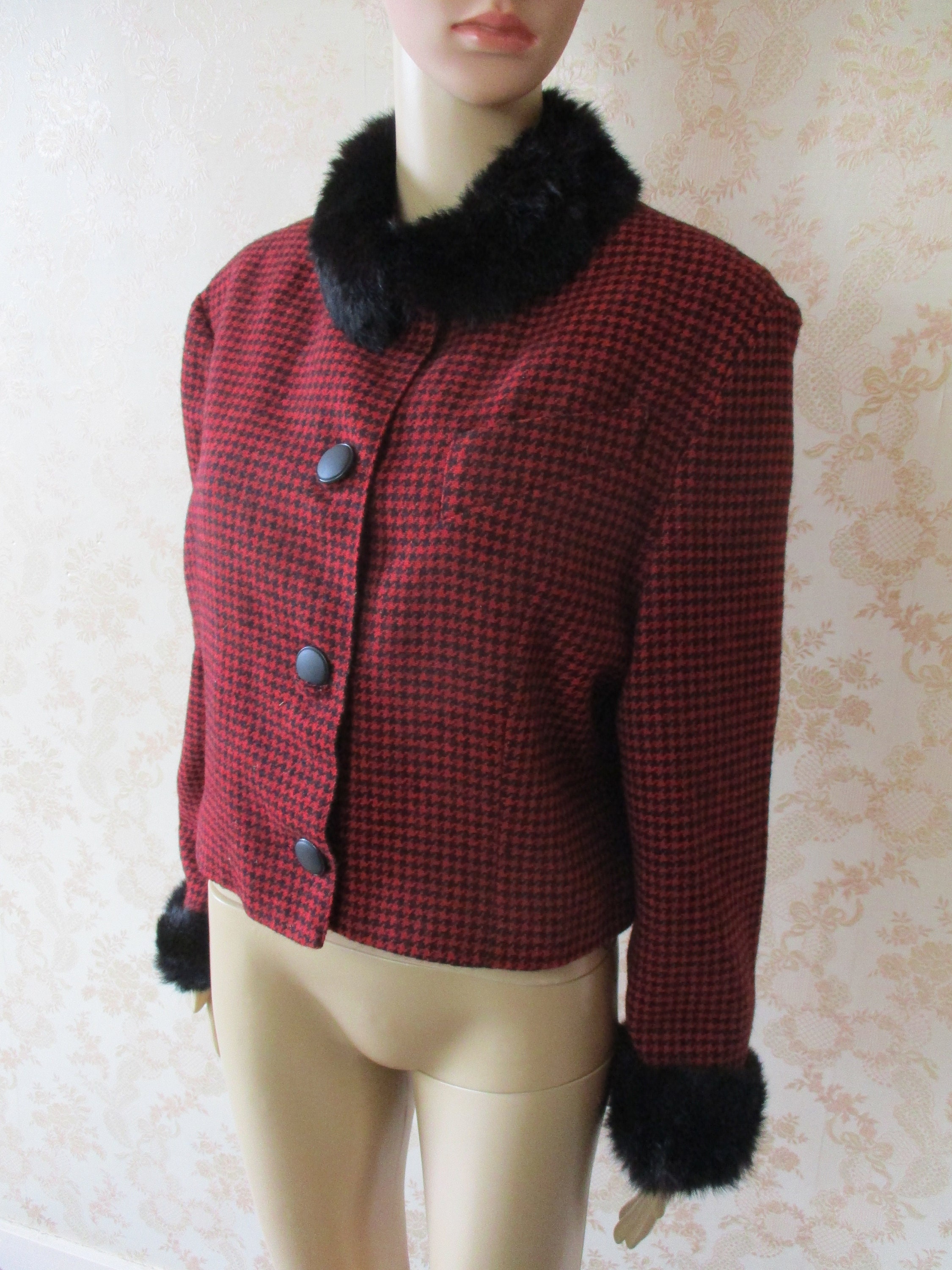 Vintage Wool Jacket, Red and Black Check With Fur Collar. Vintage ...