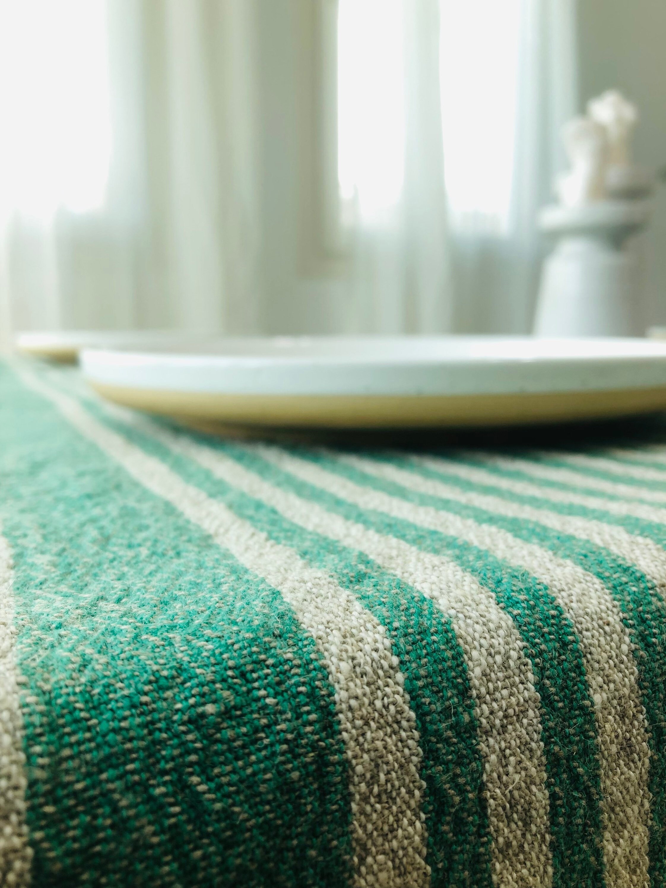 European Natural Linen Table Runner. Natural Color With Green Stripes ...