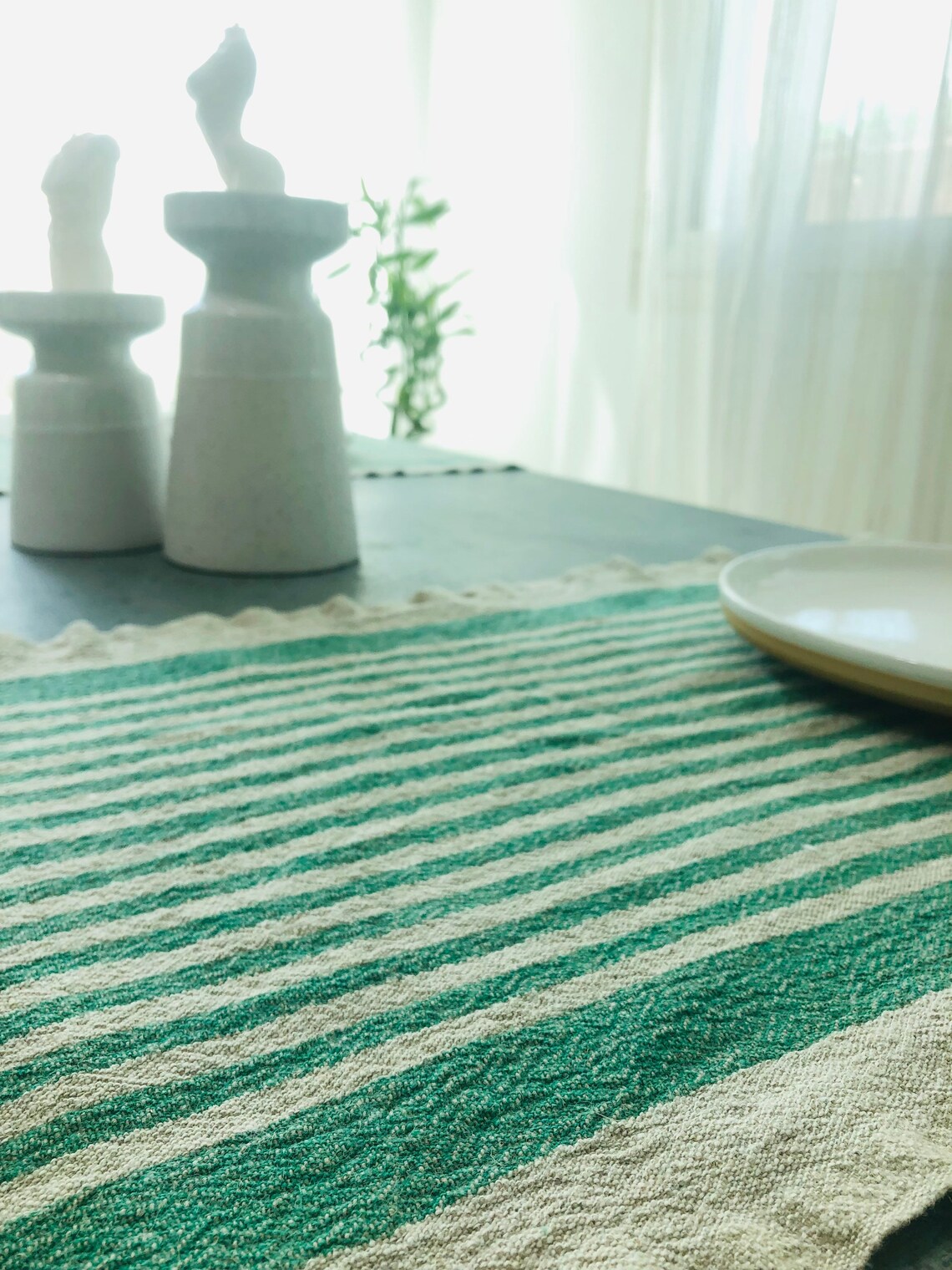European Natural Linen Table Runner. Natural Color With Green Stripes ...