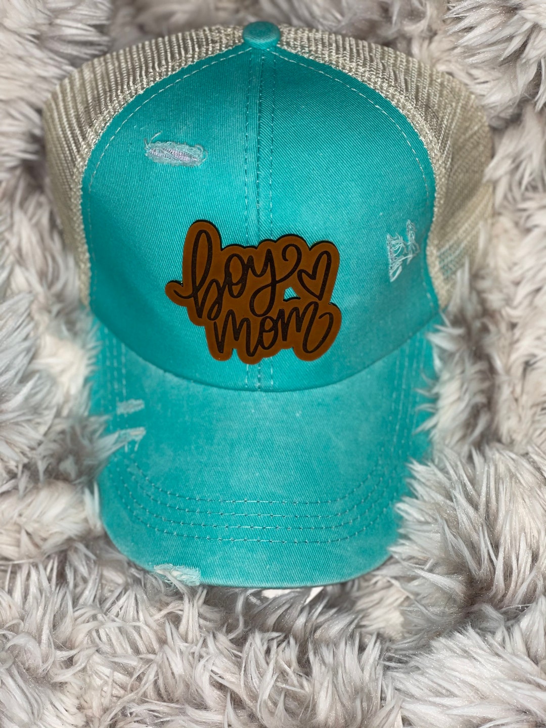 Ponytail Teal Cap With Custom Leather Patch - Etsy