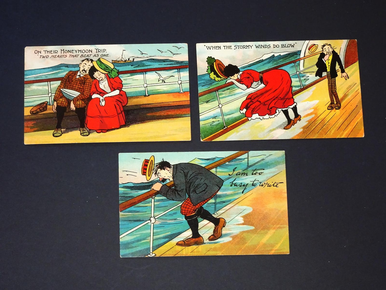 1920s Antique Cruise Liner Seasickness Postcards - Three Colour Post ...