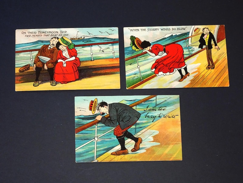 1920s Antique Cruise Liner Seasickness Postcards - Three Colour Post ...