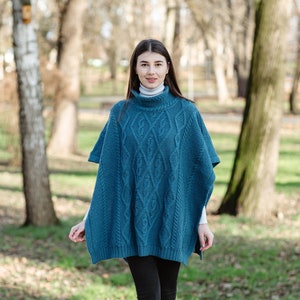 Aran Irish Fisherman Cowl Neck Poncho, Merino Wool Cable Knit Ruana ...