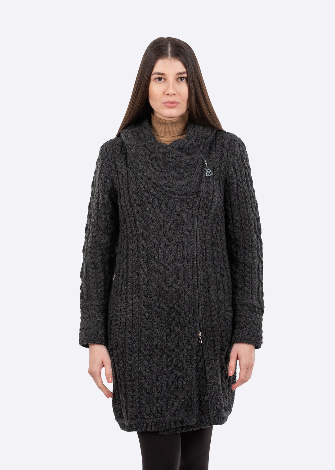 SAOL Irish Fisherman Aran Cable Knit Hooded Aran Cardigan for Women, 100% Merino Wool Trinity ...