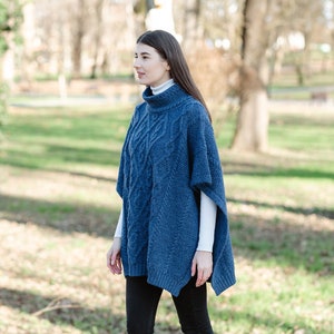 Aran Irish Fisherman Cowl Neck Poncho, Merino Wool Cable Knit Ruana ...