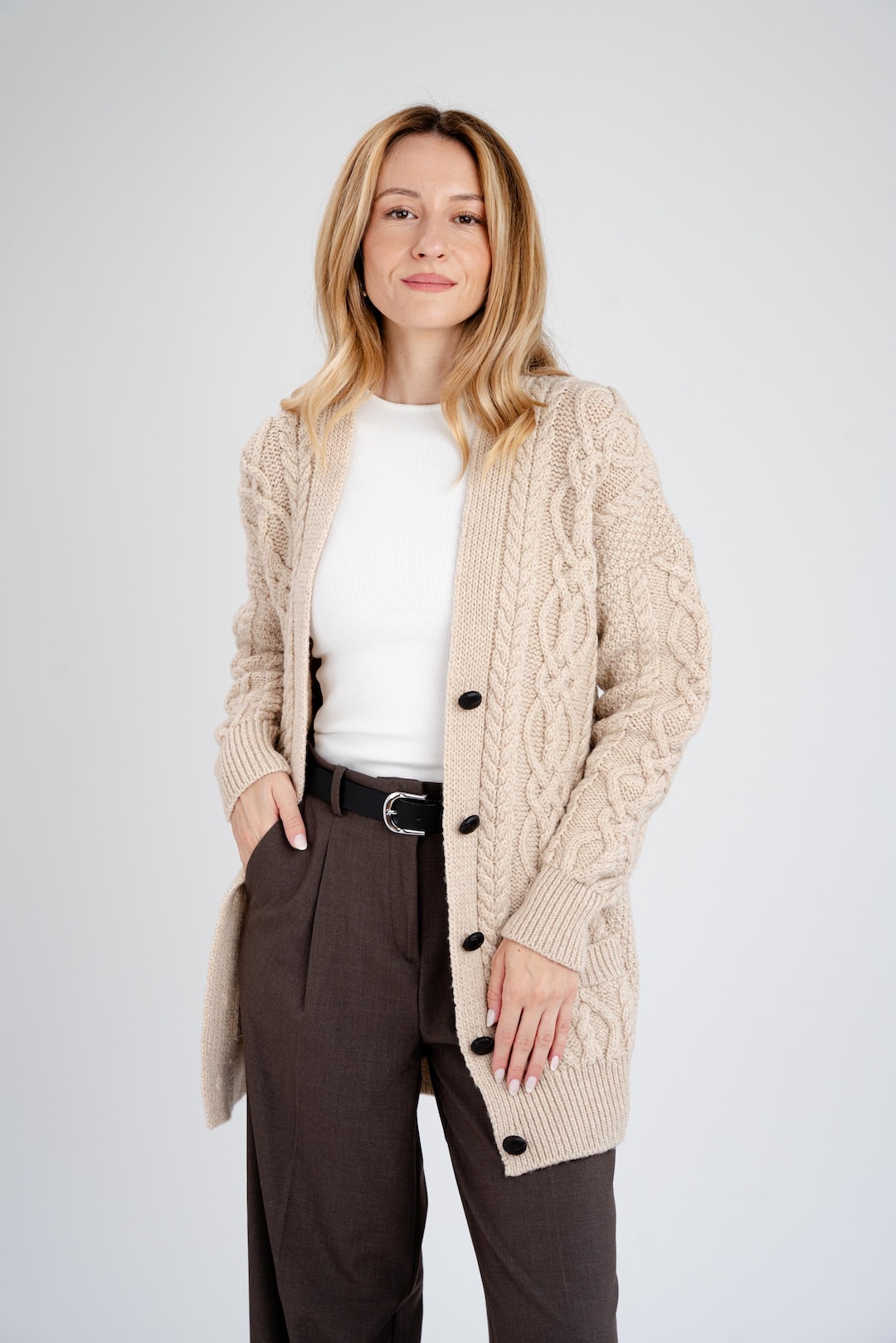SAOL Cable Knit Boyfriend Cardigan With Front Pockets, 100% Merino Wool ...