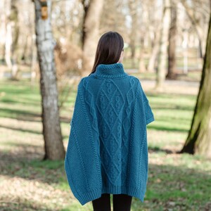 Aran Irish Fisherman Cowl Neck Poncho, Merino Wool Cable Knit Ruana ...