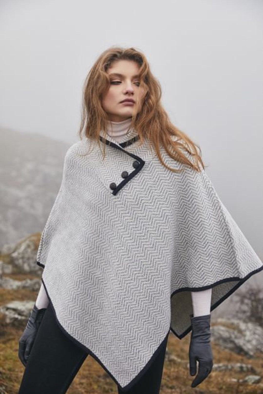 Saol Irish Aran Wool Poncho, Herringbone Poncho Shawl for Ladies ...