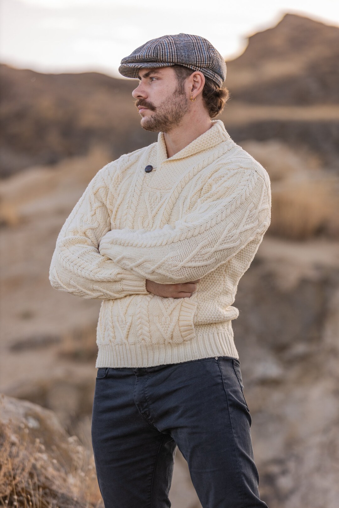 SAOL Irish Aran Sweater 100% Merino Wool Sweater Shawl Collar Cable ...
