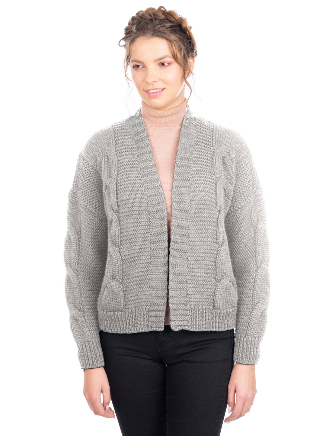 Irish Aran Traditional Cardigan Sweater, Saol Cable Knit Merino Wool ...