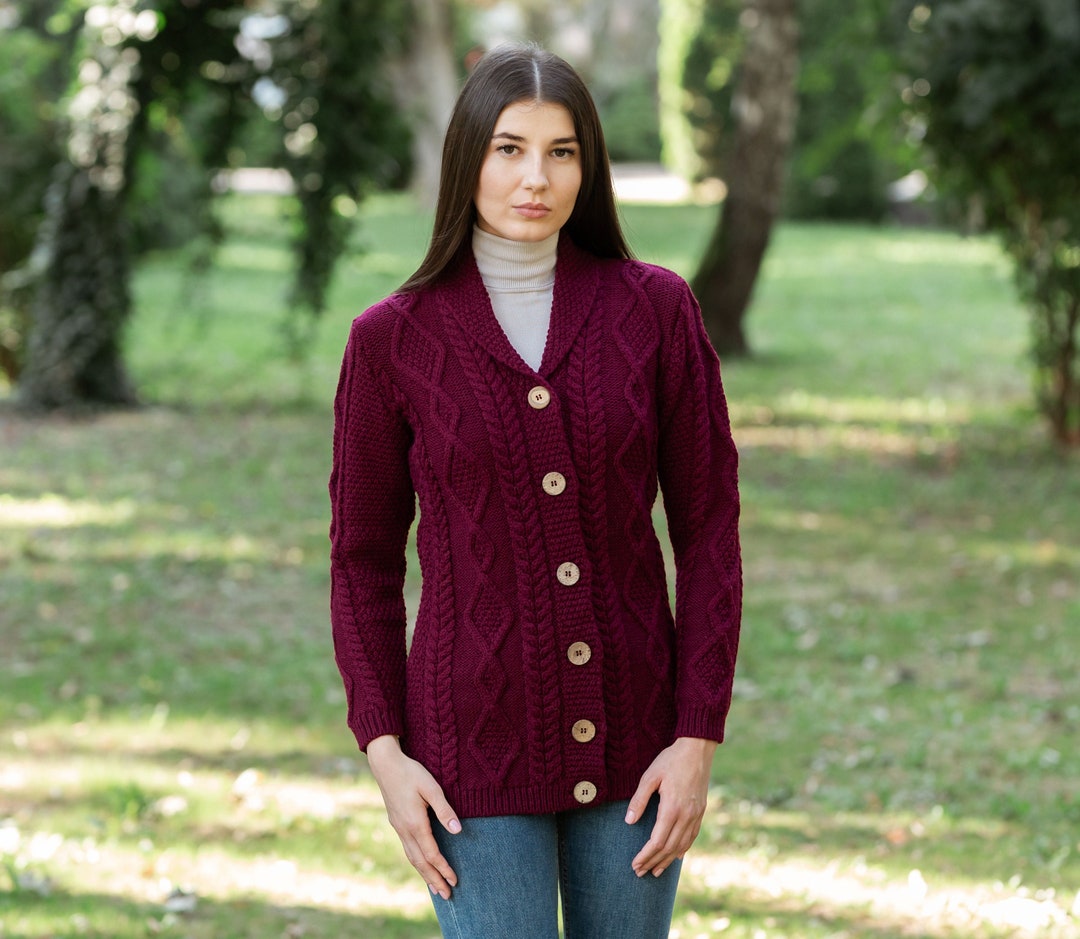 SAOL Aran Irish Shawl Neck Cardigan Sweater for Women, V-neck Shawl ...