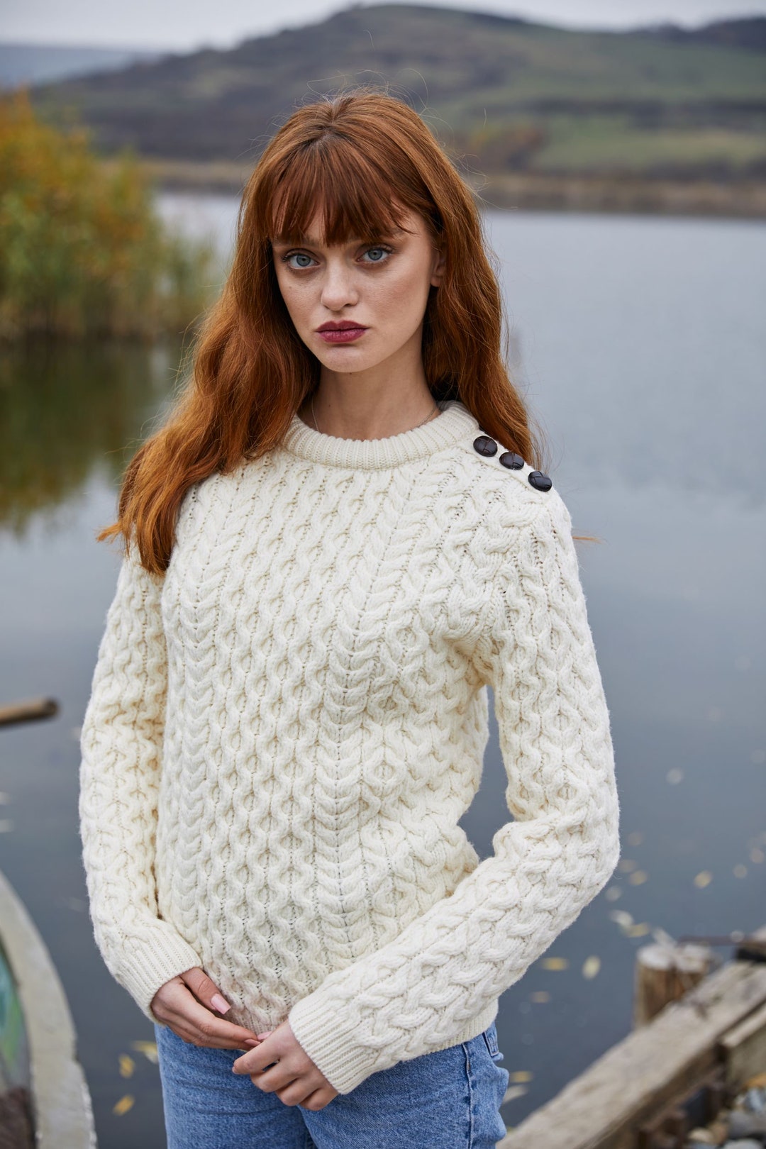 Irish Aran Cable Knit Side Button Sweater for Ladies, Merino Wool Cable ...