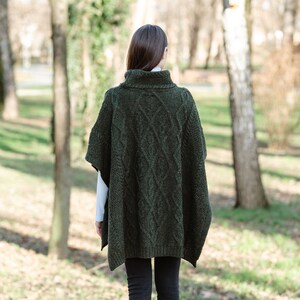Aran Irish Fisherman Cowl Neck Poncho, Merino Wool Cable Knit Ruana ...