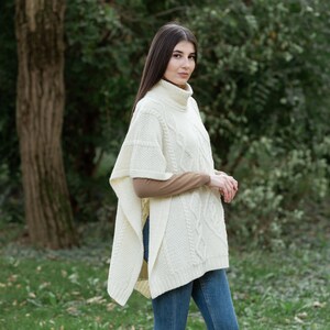 Aran Irish Fisherman Cowl Neck Poncho, Merino Wool Cable Knit Ruana ...