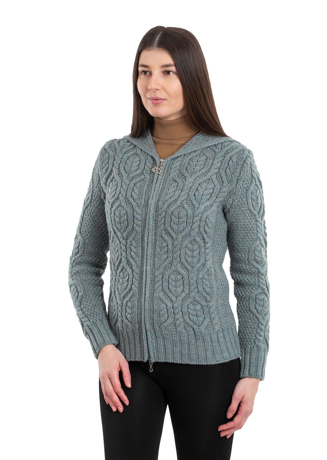 Saol Aran Cardigan With Hood, Cable Knitted Fully Zipped up Long ...