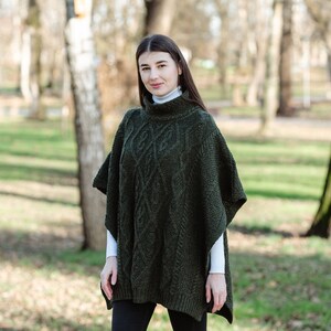 Aran Irish Fisherman Cowl Neck Poncho, Merino Wool Cable Knit Ruana ...