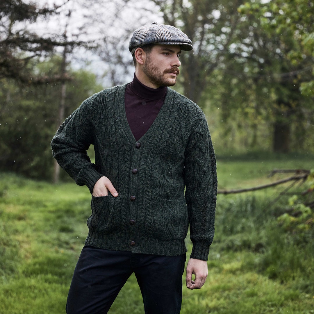 Saol Irish Aran Cardigan for Men, 100% Merino Wool Fisherman Cardigan, Cable Knit Buttoned ...