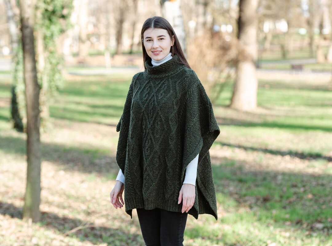 Aran Irish Fisherman Cowl Neck Poncho, Merino Wool Cable Knit Ruana ...