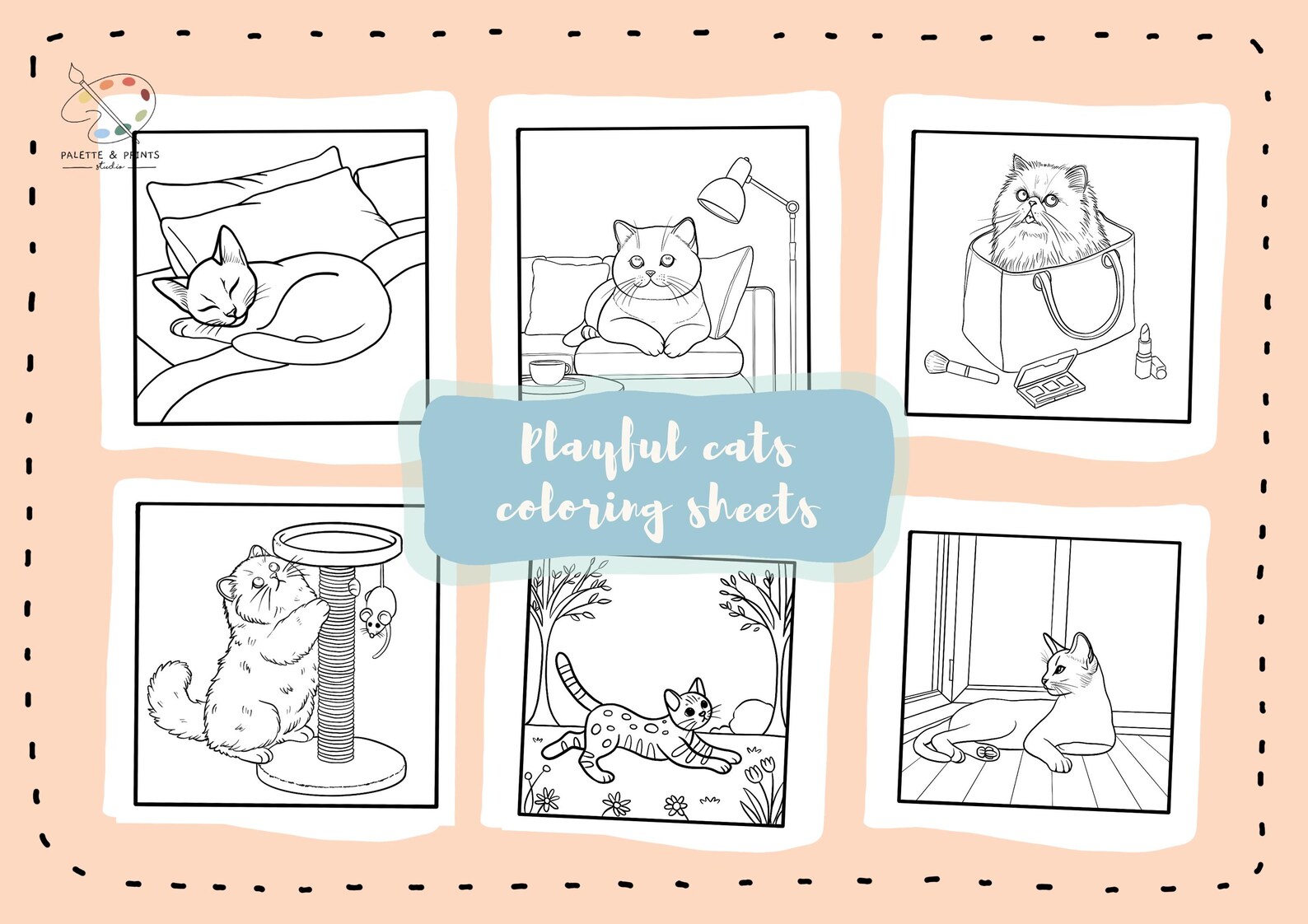 Playful Cats Coloring Pages: 6 Printable Mindfulness Sheets (digital ...