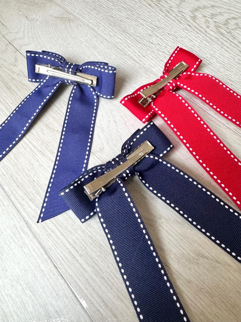Red Royal Blue and Navy Long Tail Hair Bows With White Stitched Edges ...