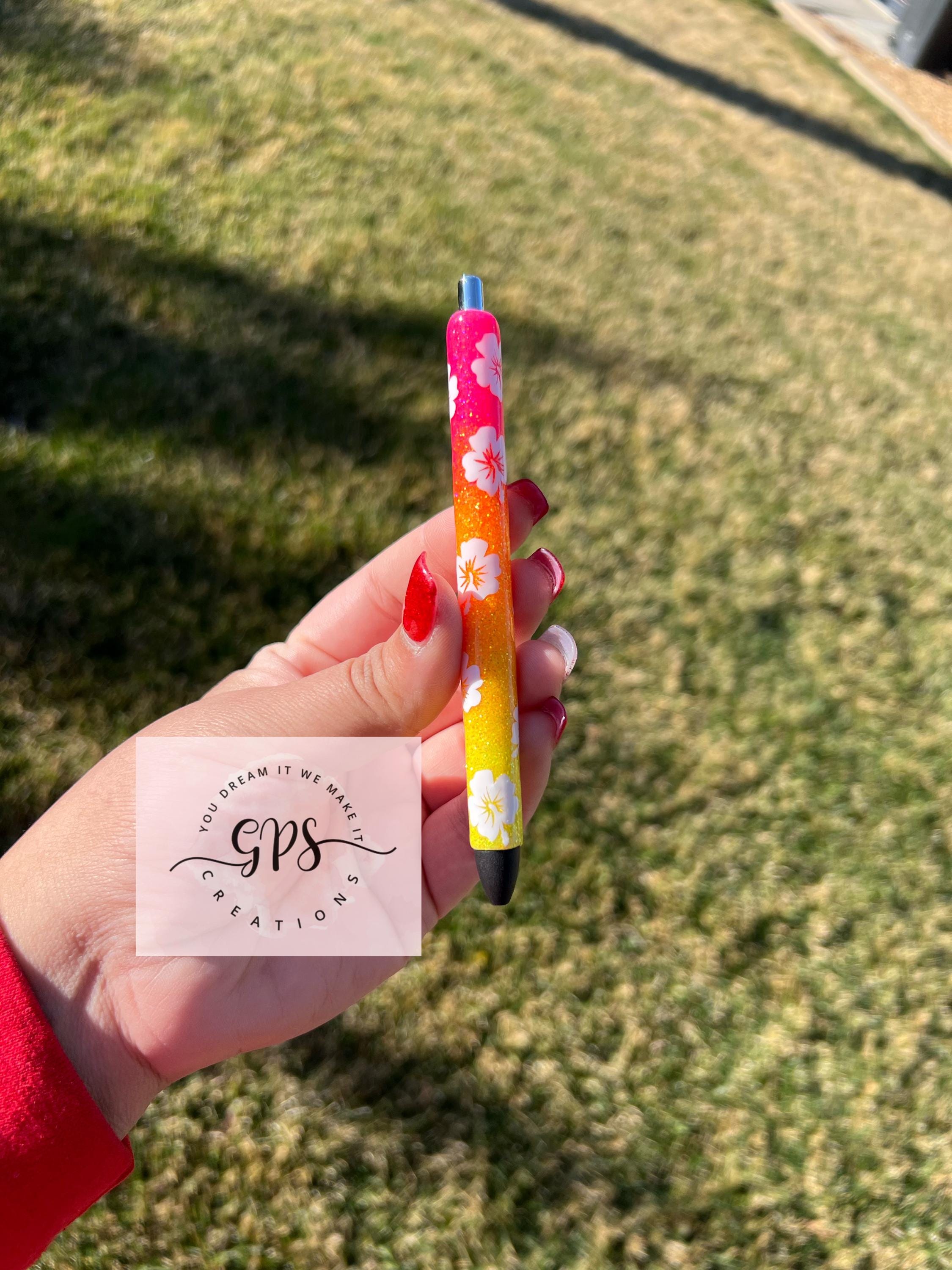 Hibiscus Flower Sunset Theme Pen, Personalized Glitter Pens, Glitter ...