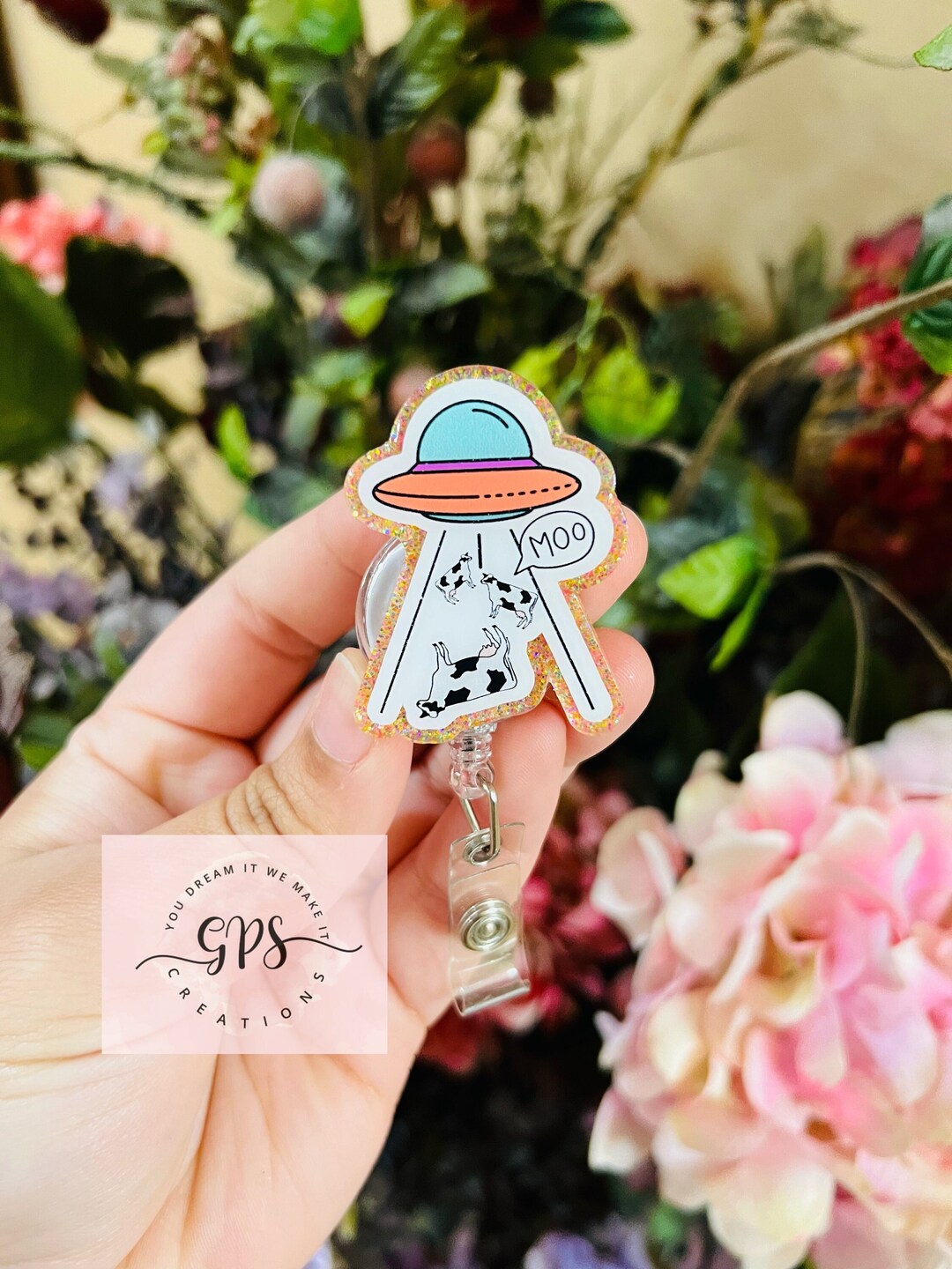 UFO Cow Abduction Badge Reel, Alien Theme Gift, Alien Spaceship Badge ...