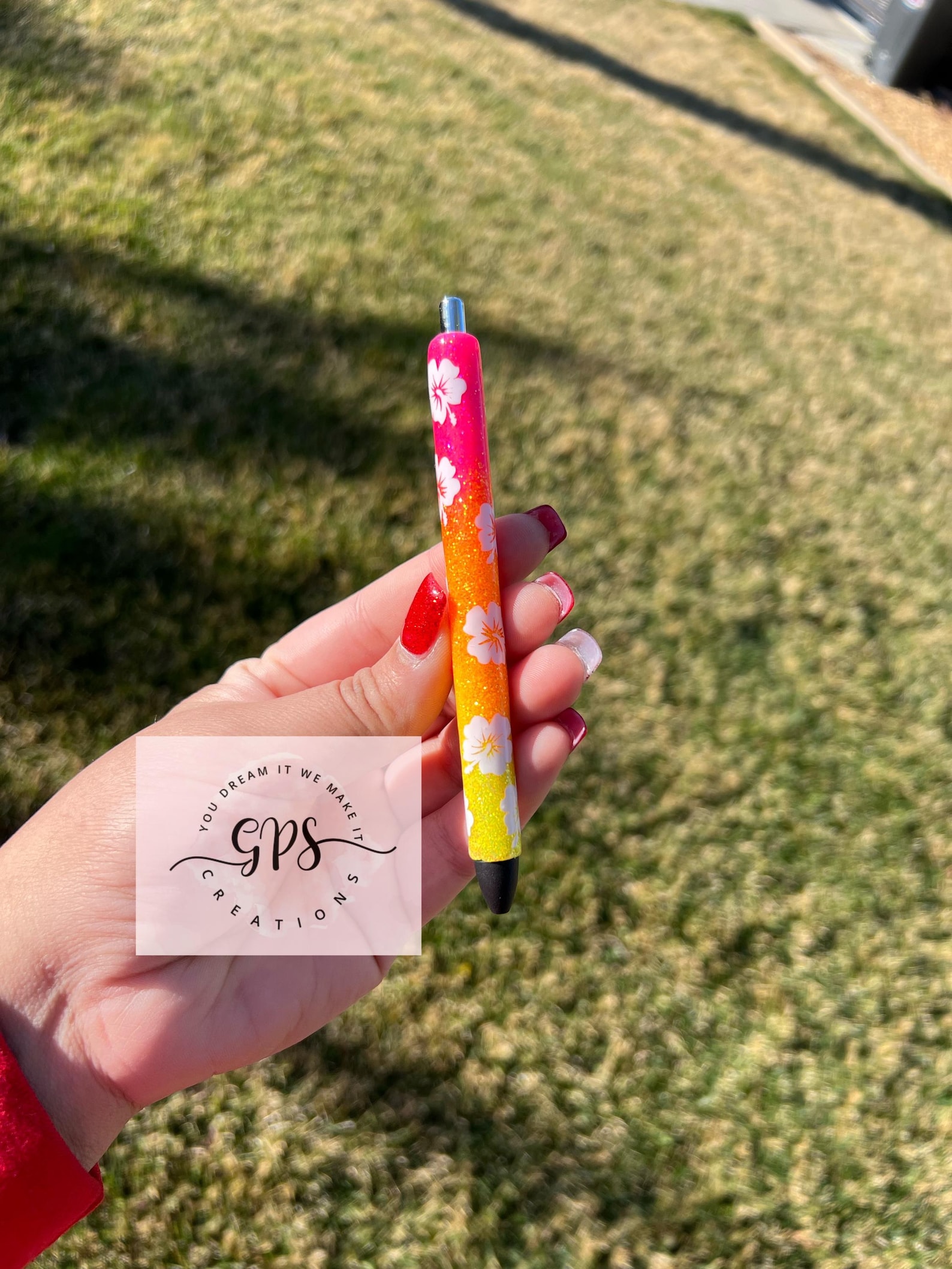 Hibiscus Flower Sunset Theme Pen, Personalized Glitter Pens, Glitter ...